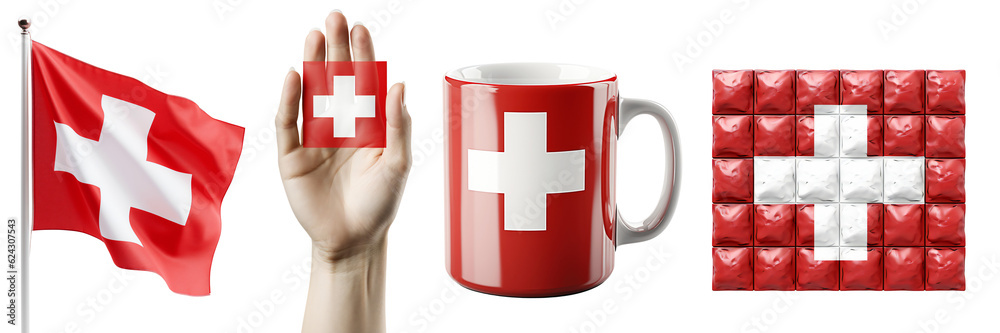 Switzerland flag set. Switzerland symbols design elements. Mug with the ...