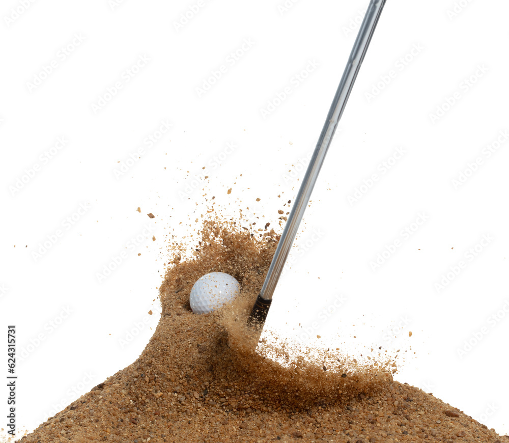 Golf ball explode from sand bunker. Golfer hit ball with club to sand ...