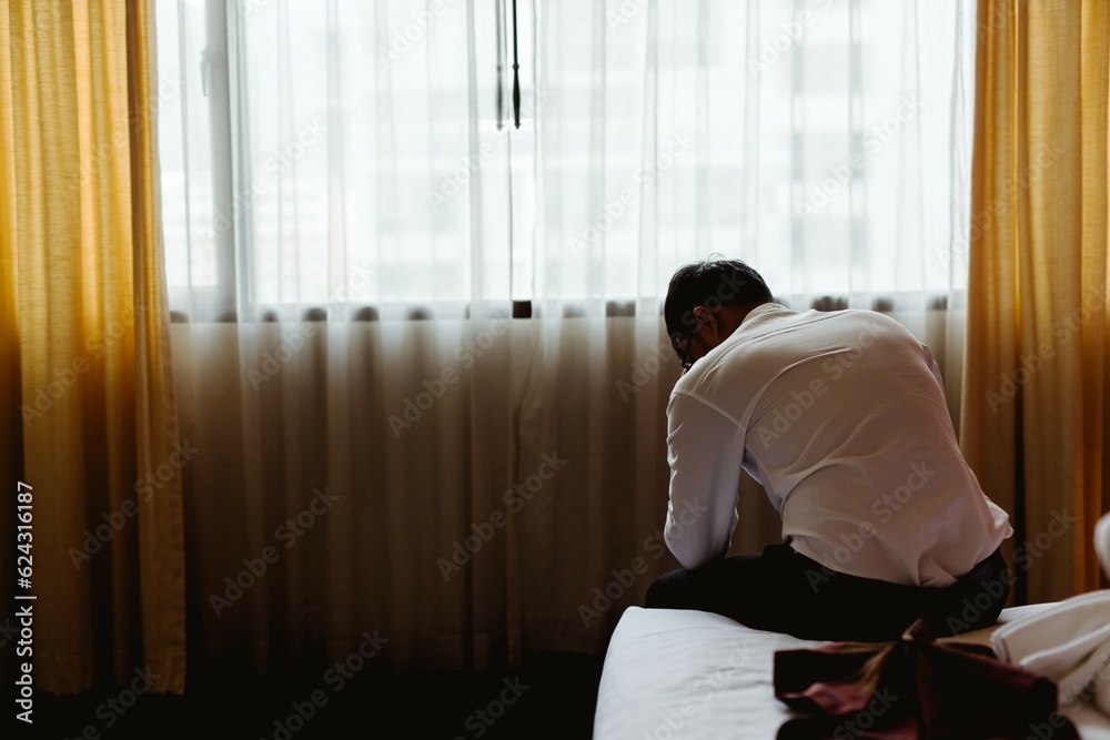 Sad young man in the bedroom, People with depression concept. Stock ...