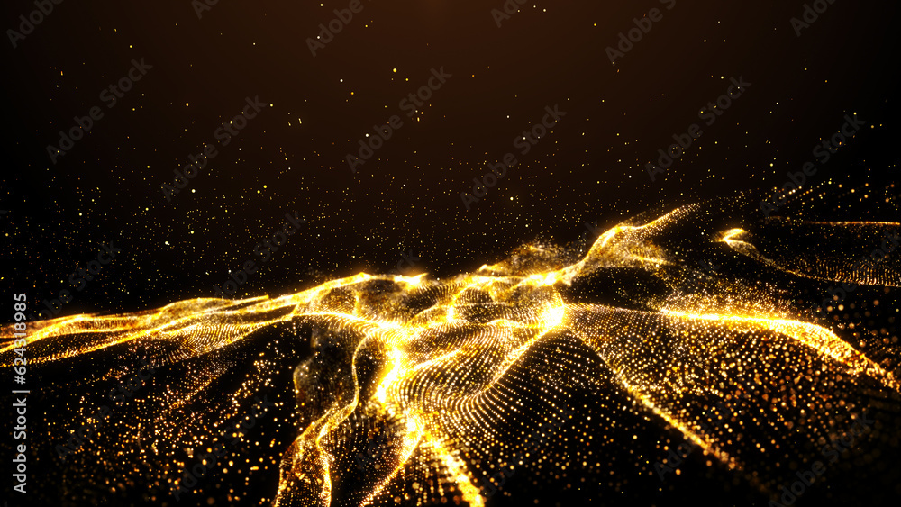 Beautiful golden particles wave and light abstract background with ...