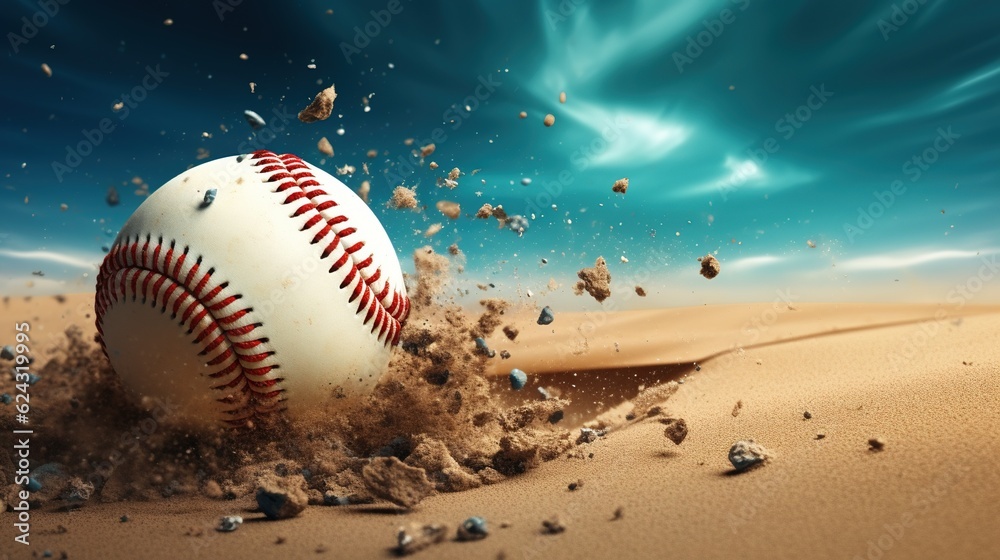 Generative AI, baseball ball in dry sand explosion, on the Pitchers ...
