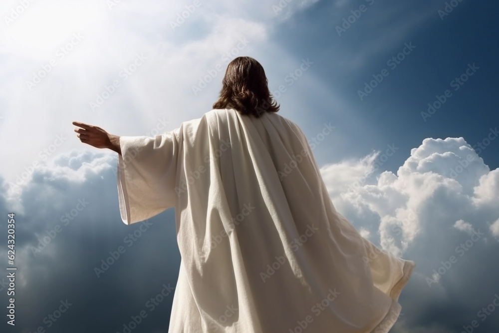 Jesus Christ's Resurrection and ascension under luminous sky. God ...
