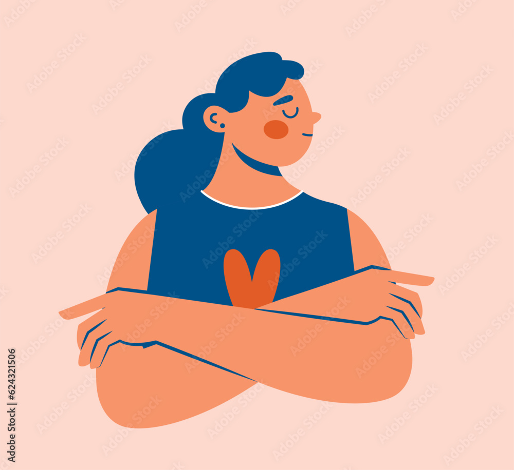 Hand drawn illustration with cute young woman with crossed arms ...