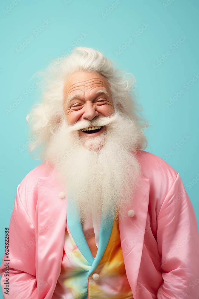 A jovial elderly man with a distinguished white moustache and wrinkles ...