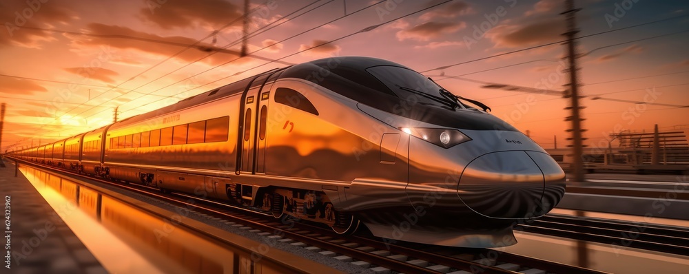 High speed train in motion on the railway station at sunset. Fast ...