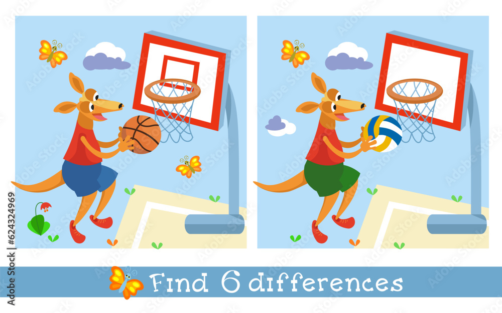Find 6 differences. Puzzle game for children. Cute kangaroo playing ...