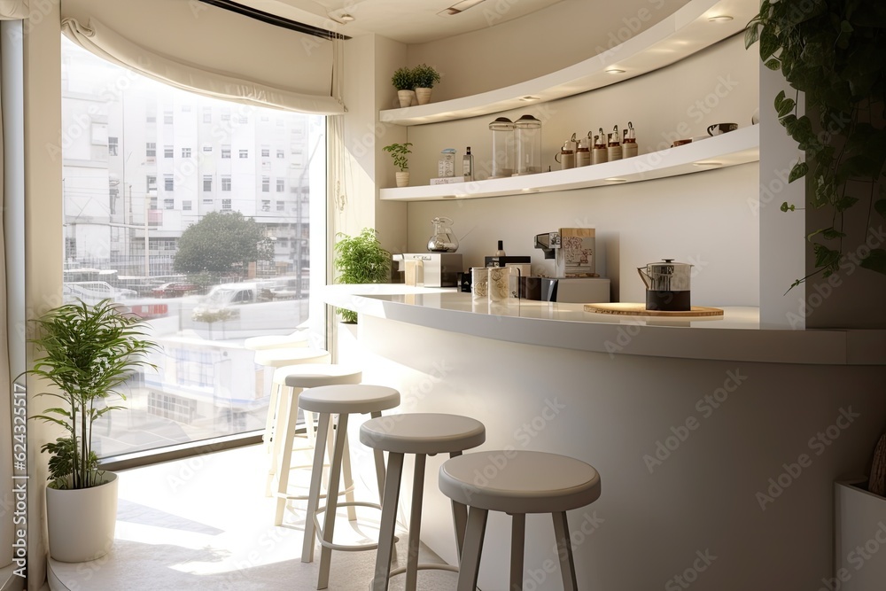 Small modern Korean style design café glossy ivory white round corner ...