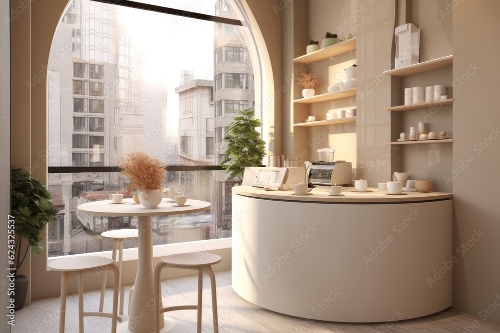 Small modern Korean style design café glossy ivory white round corner ...