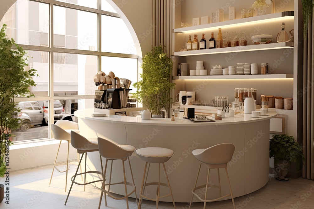 Small modern Korean style design café glossy ivory white round corner ...