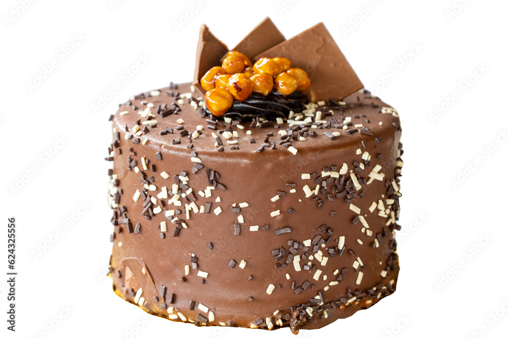 Birthday cake with croquant isolated on white background. Chocolate ...