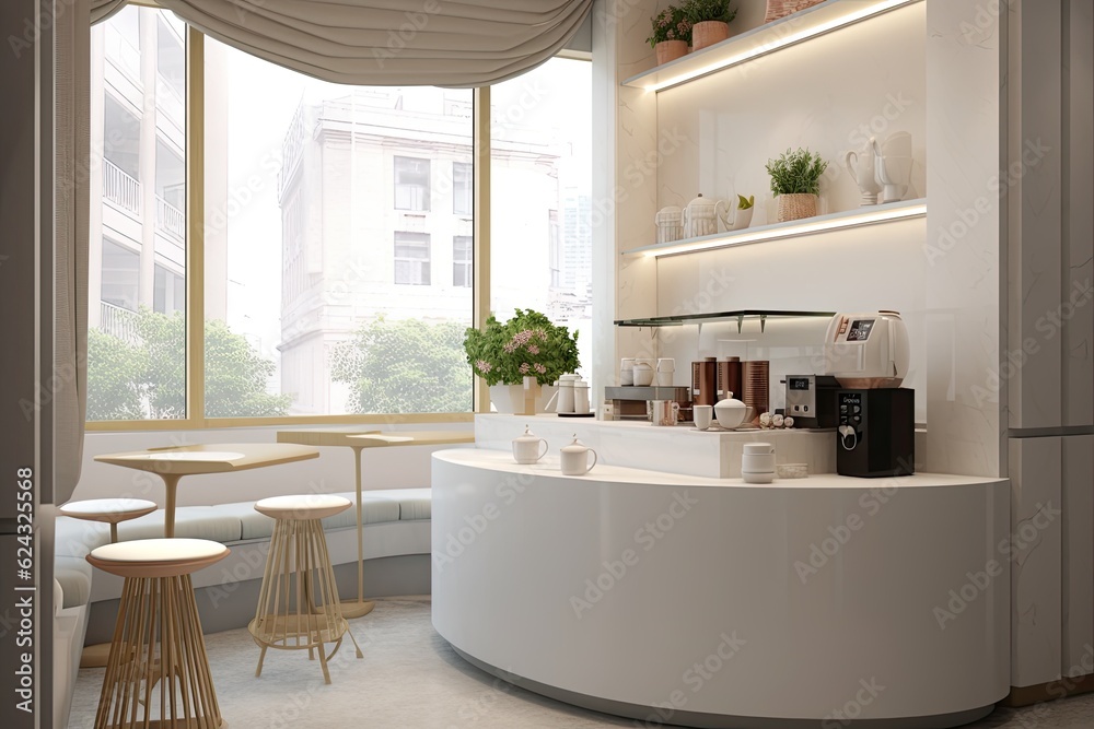 Small modern Korean style design café glossy ivory white round corner ...