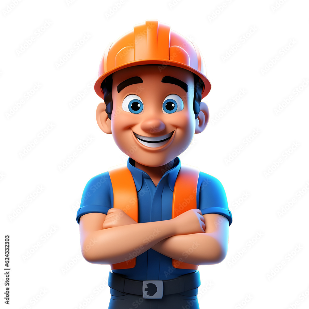 3d cartoon character of a worker wearing an orange vest and orange ...