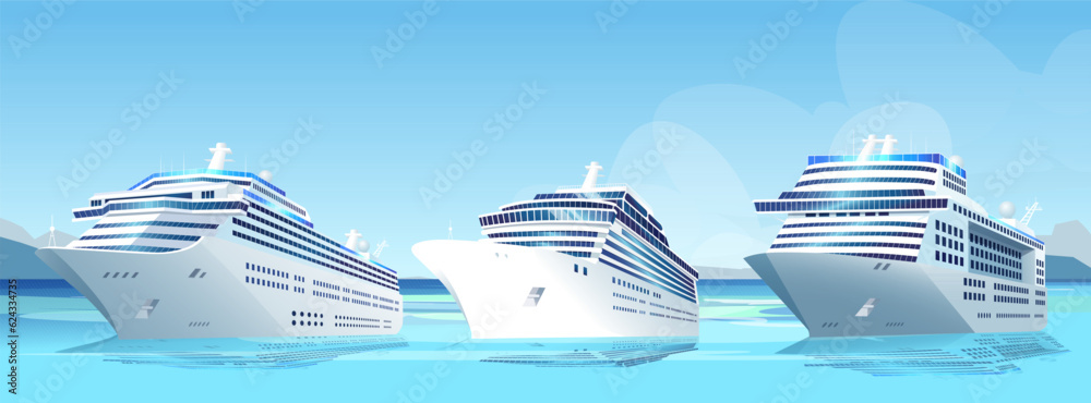 Three summer cruise ships moored near island coast. Modern luxury huge ...