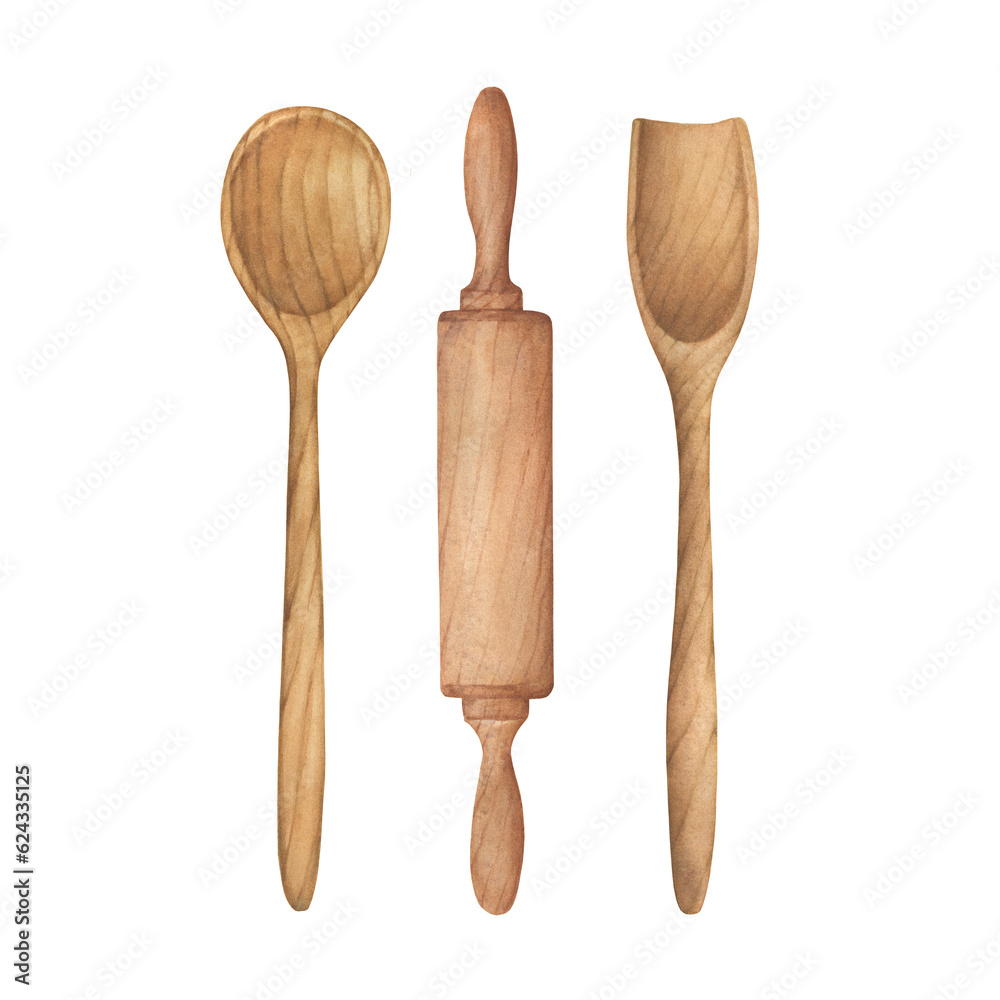 Old wooden brown spoons, rolling pin for cooking. Vintage kitchen ...