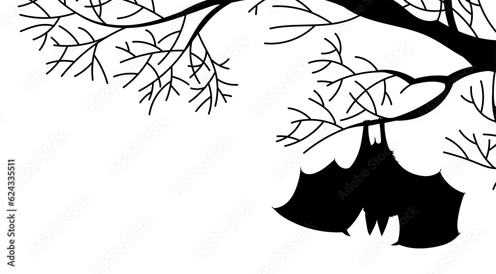 Spooky bat hanging upside down on tree branch, black silhouette, flat vector illustration ...