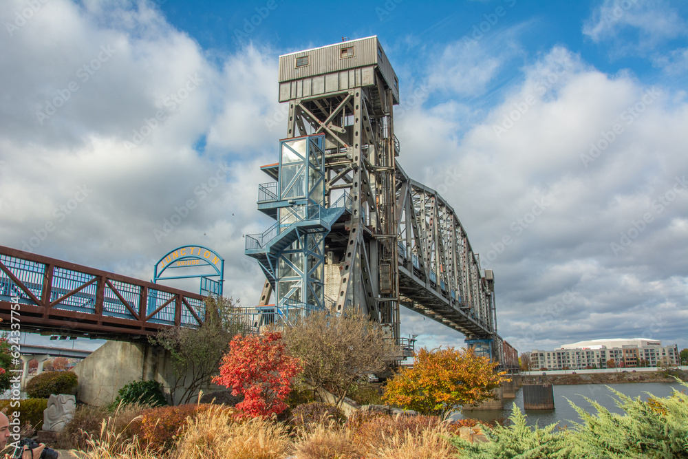 The historic Junction Bridge, the lift-span pedestrian bridge crossing ...