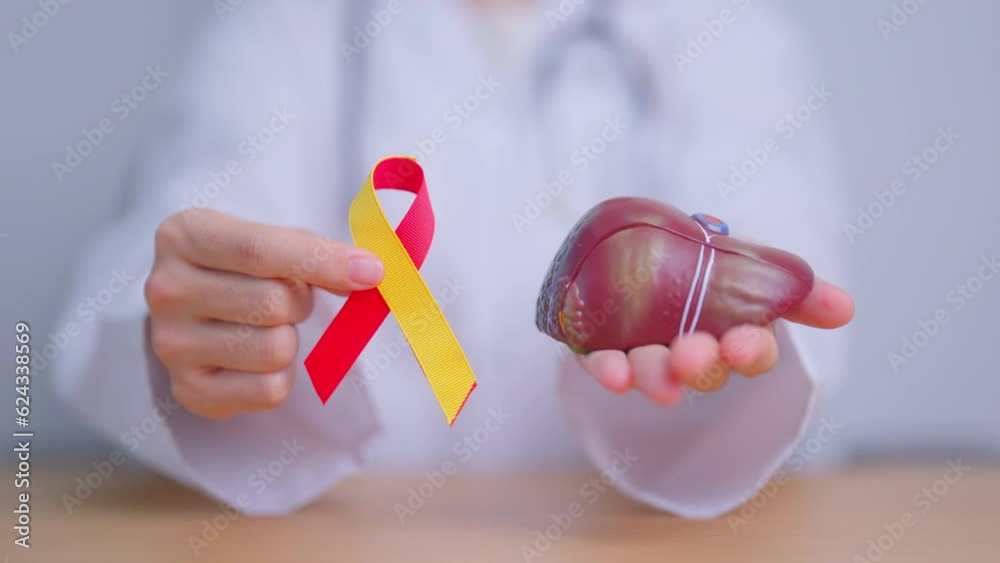 Doctor with Red and Yellow ribbon and human Liver anatomy model. World ...