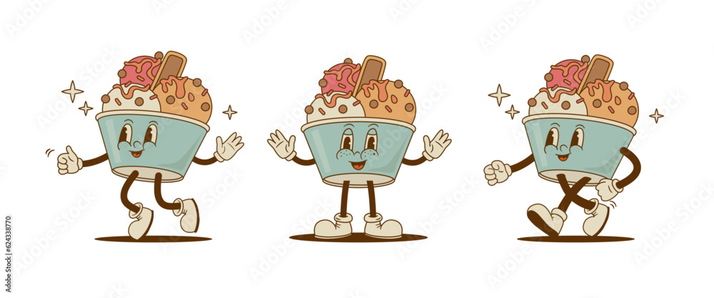 Set of retro cartoon funny Ice cream characters with different poses ...