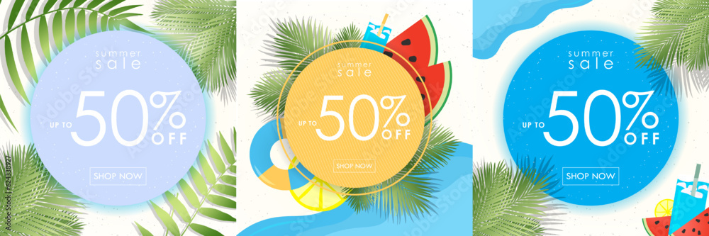 Set of colorful Summer Sale with Up to 50% off and Shop Now CTA on ...