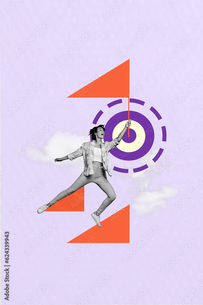 Vertical collage image banner of funny young woman jump hold orange ...