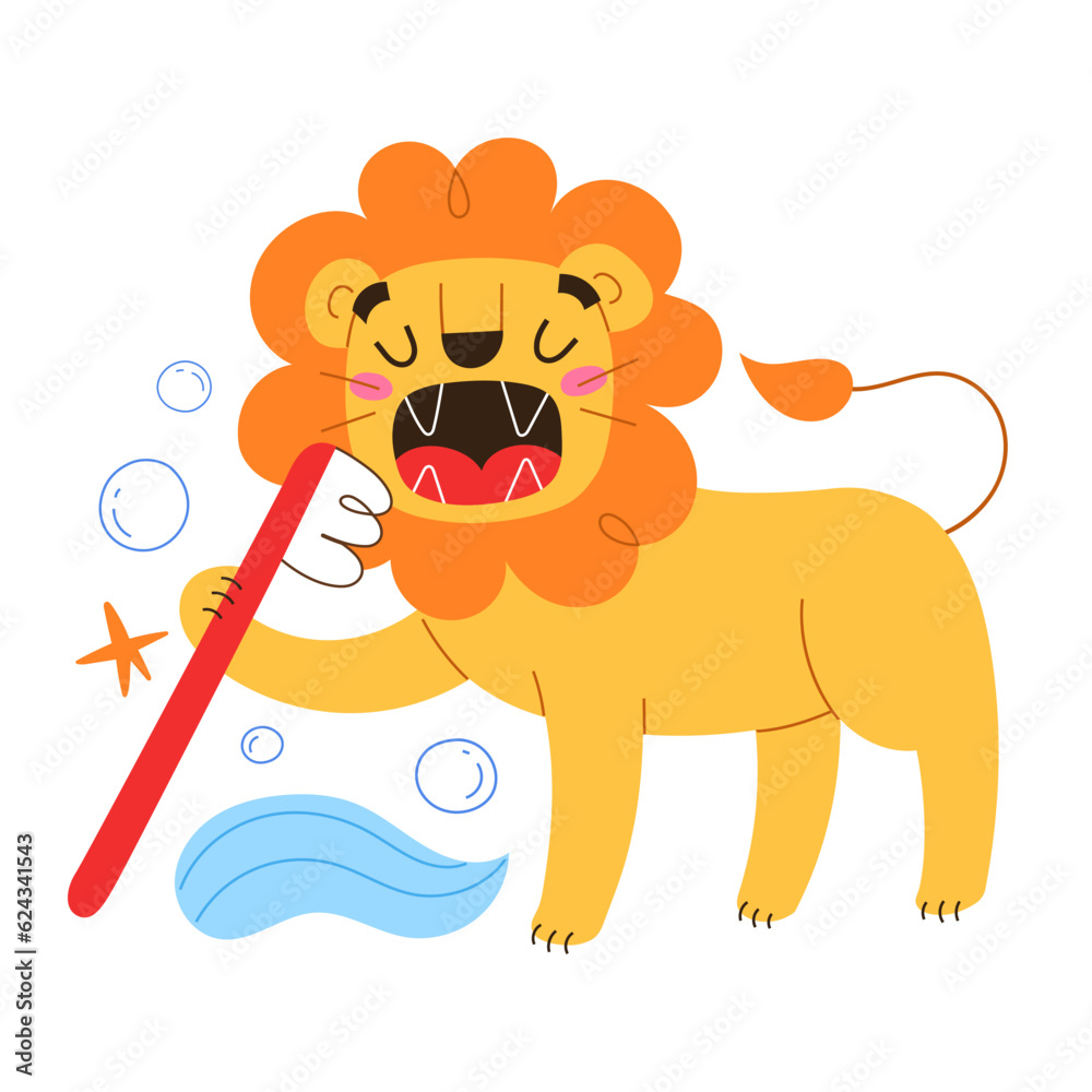 Cute lion brushing teeth with toothpaste, smiley cartoon character ...