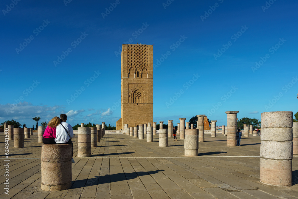 Morocco. Rabat. The magnificent Hassan Tower is an emblematic tower of ...