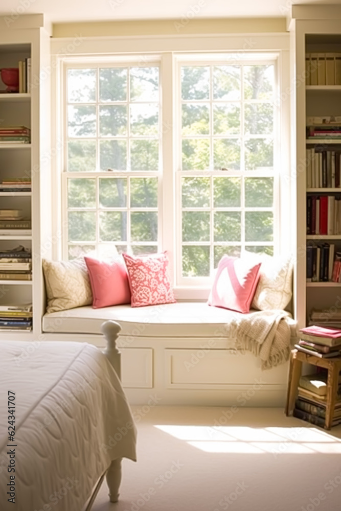 Window seat, interior design and comfort at home, reading nook with ...