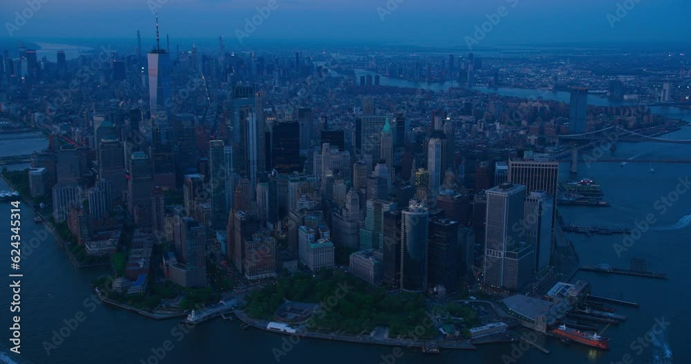 Evening Aerial View of Lower Manhattan Architecture. Panoramic Footage ...