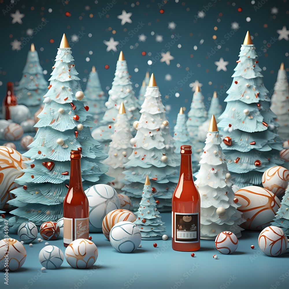 Christmas hats and bottles on a blue background, in the style of ...