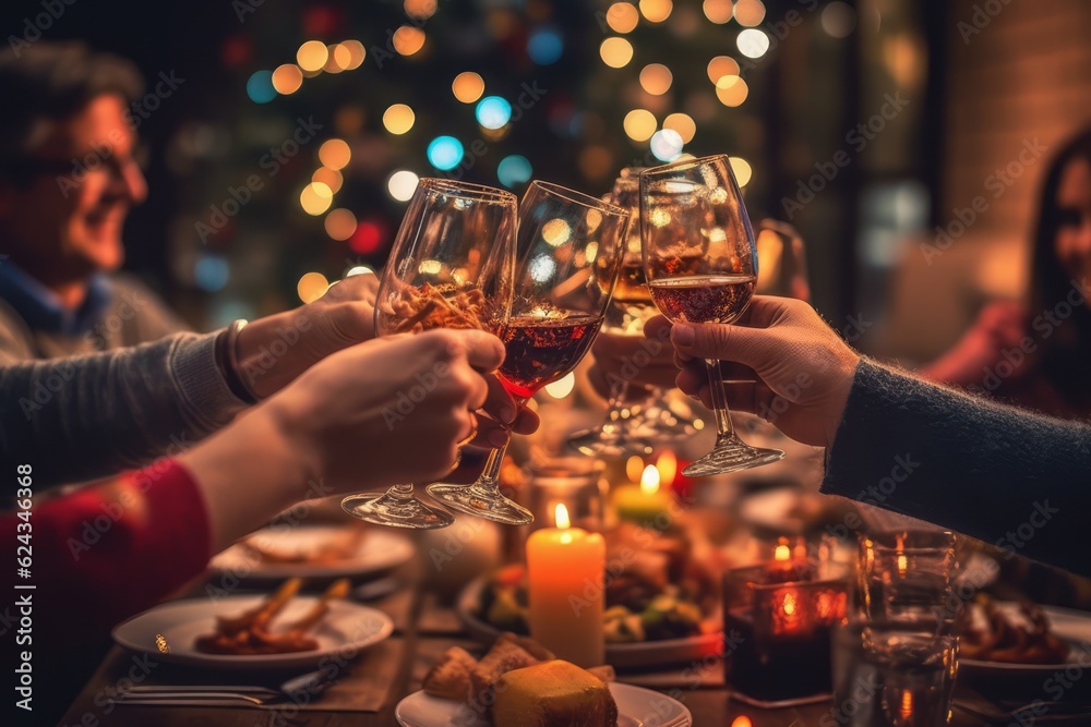 A family gathered around a beautifully decorated table, raising their ...