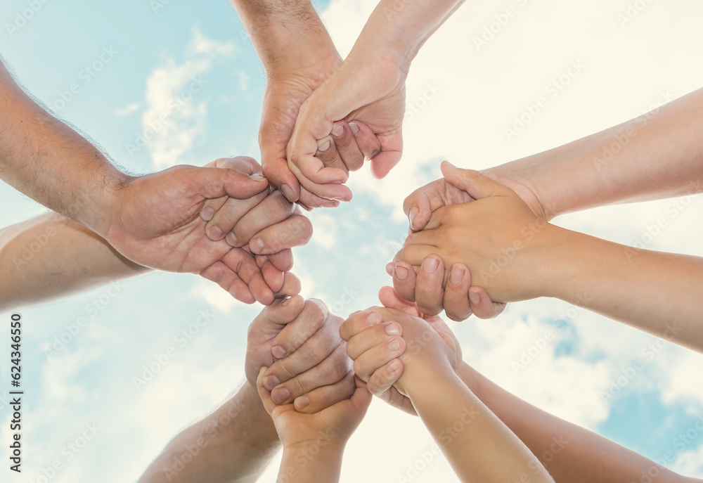 Joined hands as a team. Business teamwork. Close up group of friends ...