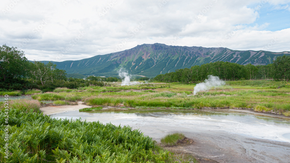 Panorama of hot springs, pools and warm toxic lakes in Kronotsky Nature ...