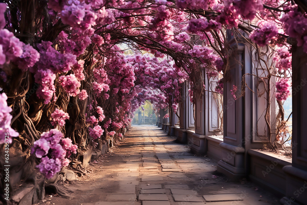 Beautiful landscape of in fairy pink alley in the park. Generative AI ...