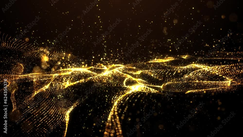 Beautiful golden particles wave and light abstract background with ...