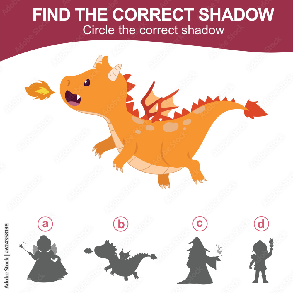 Find the correct shadow of a cute flying orange dragon spit a fire ...