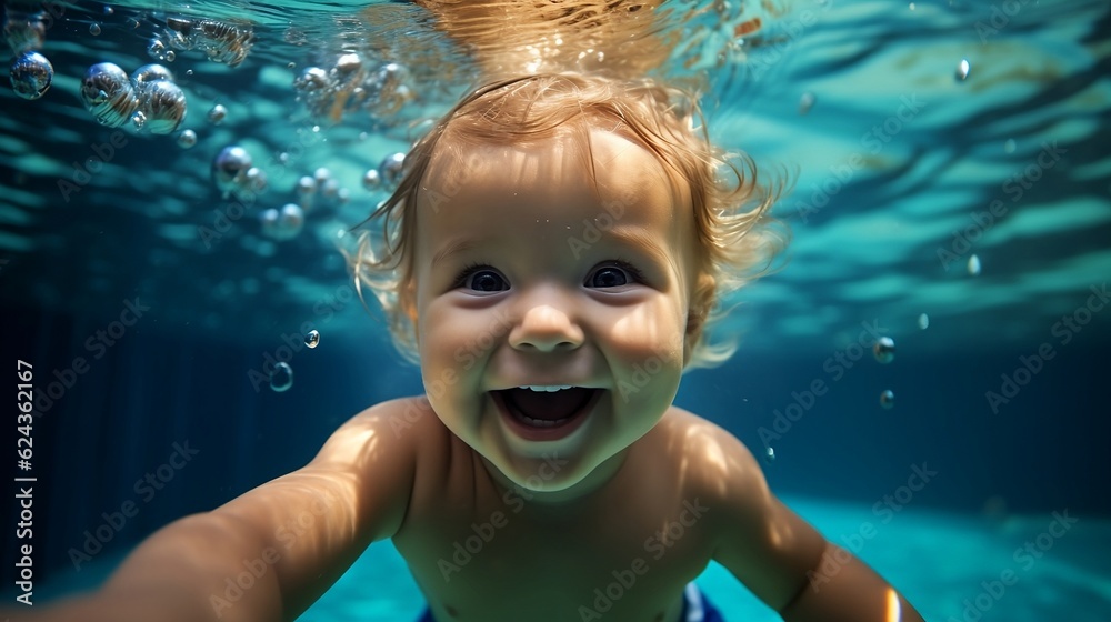 Little baby swimming underwater in the pool. Underwater portrait of ...