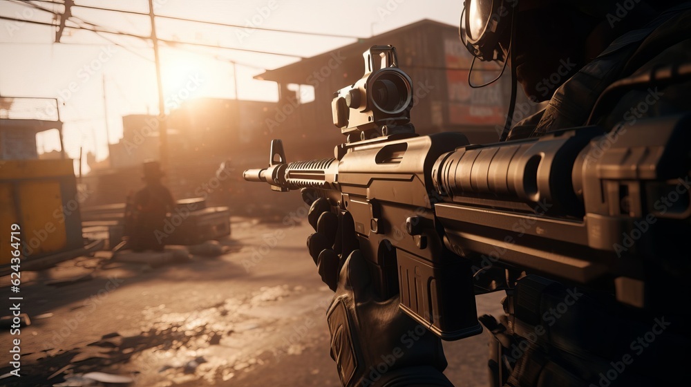 first person shooter video game HUD, a person holding a machine gun ...