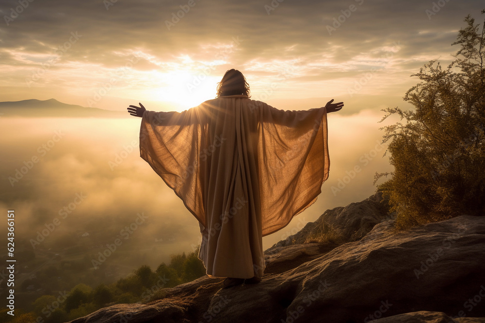 Jesus Christ praying to God with hands raised, rear view, sunrise sky ...