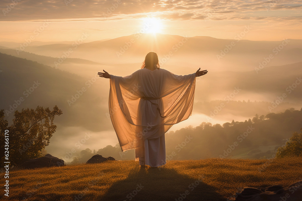 Rear view of Jesus Christ raised hands and praying to god with a ...