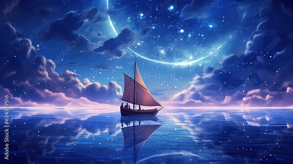 art illustration sailing boat under galaxy night sky dreamy scenery ...