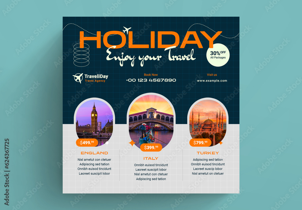 Social Media Travel Agency Post Layout with Orange Accents Stock ...