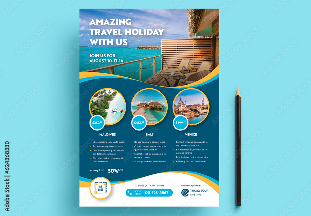 Travel Agency Flyer Layout with Yellow and Blue Accents Stock Template ...
