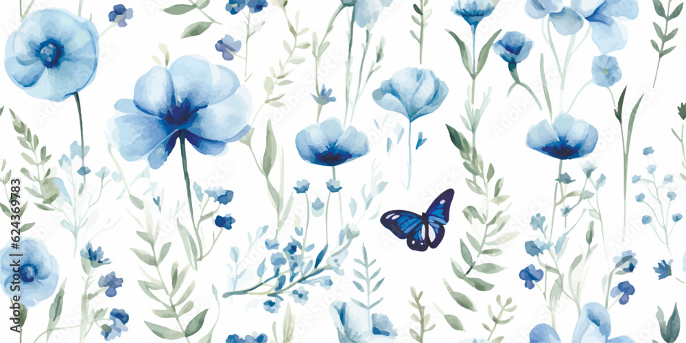 Pattern with blue abstract flowers and blue flying butterflies ...