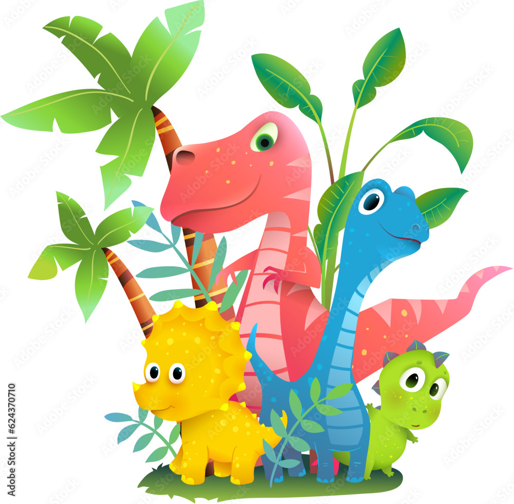 Cute Dinosaur Group in Prehistoric Nature with Palms and Trees ...