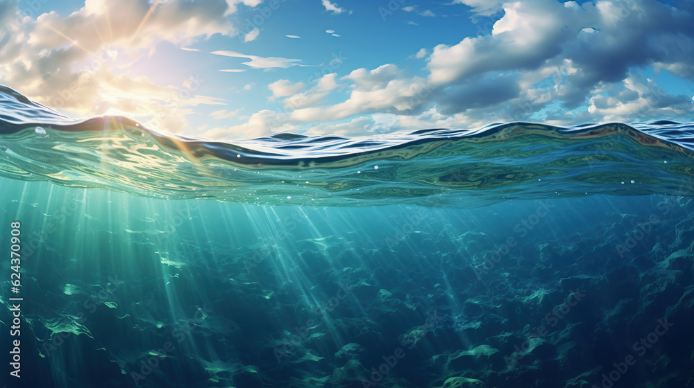 Sun rays reaching the rocky bottom of the sea with clear cyan water ...