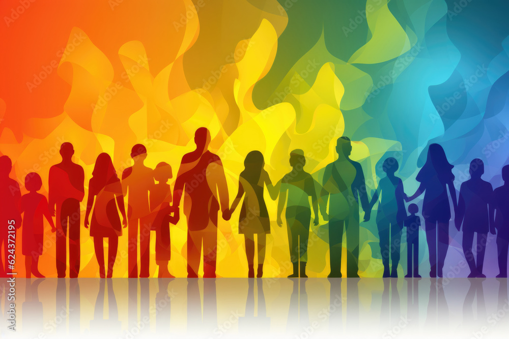 A group of people standing in front of a rainbow background. Generative ...
