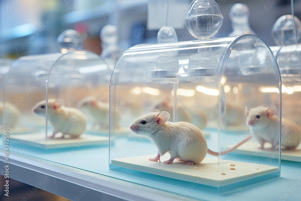 Table with laboratory mice isolated in a modern laboratory. Research in ...