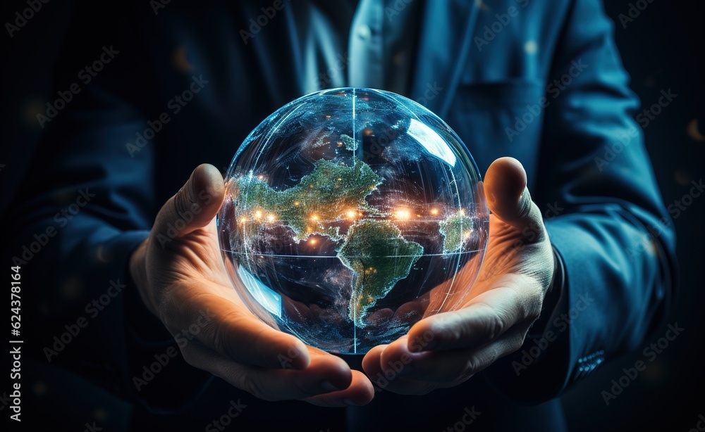 Designing the future. A hand holding a holographic projection. Stock ...