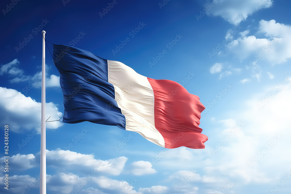 French flag flying in the wind on a flagpole against a blue sky with ...