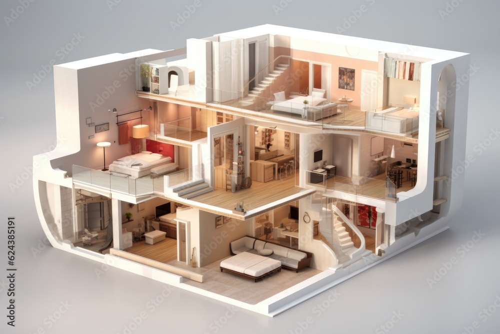 cross-section view of a 3d printed house showing interior layout ...